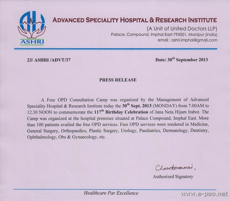 A Free OPD Consultation Camp by ASHRI 20130930