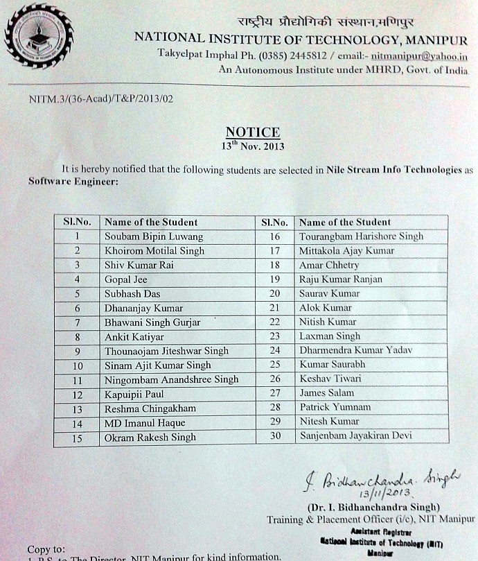 Placement report from NIT National Institute of Technology Manipur 20131114