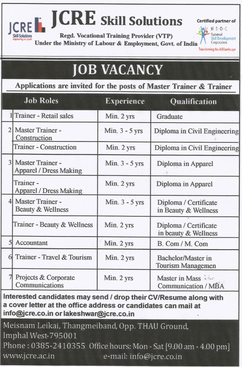 Requirement for JCRE Skill Solutions Imphal 20150726