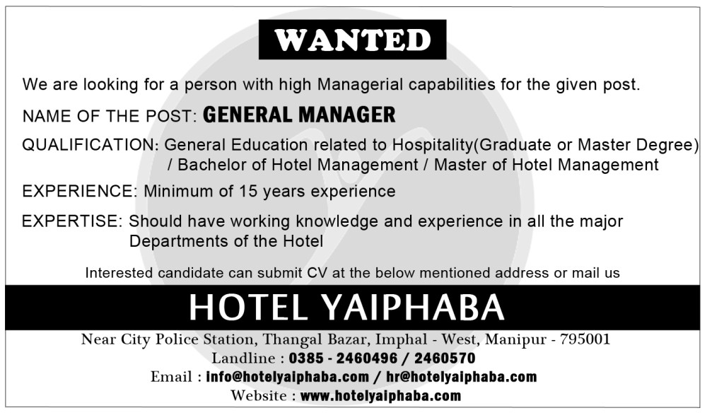 General Manager wanted at Hotel Yaiphaba 20150919