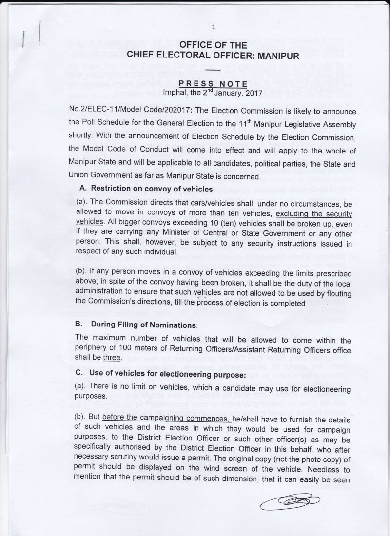 Manipur Legislative Assembly Election Model Code of Conduct 20170103