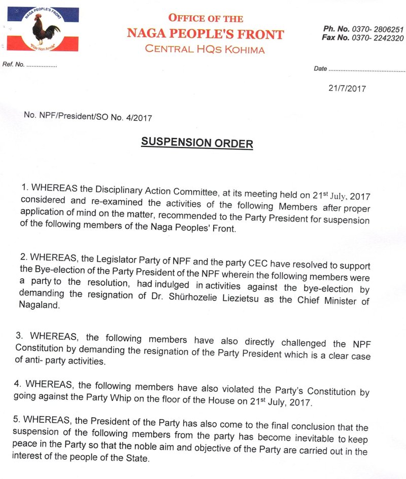 Expulsion and Suspension order from NPF 20170722