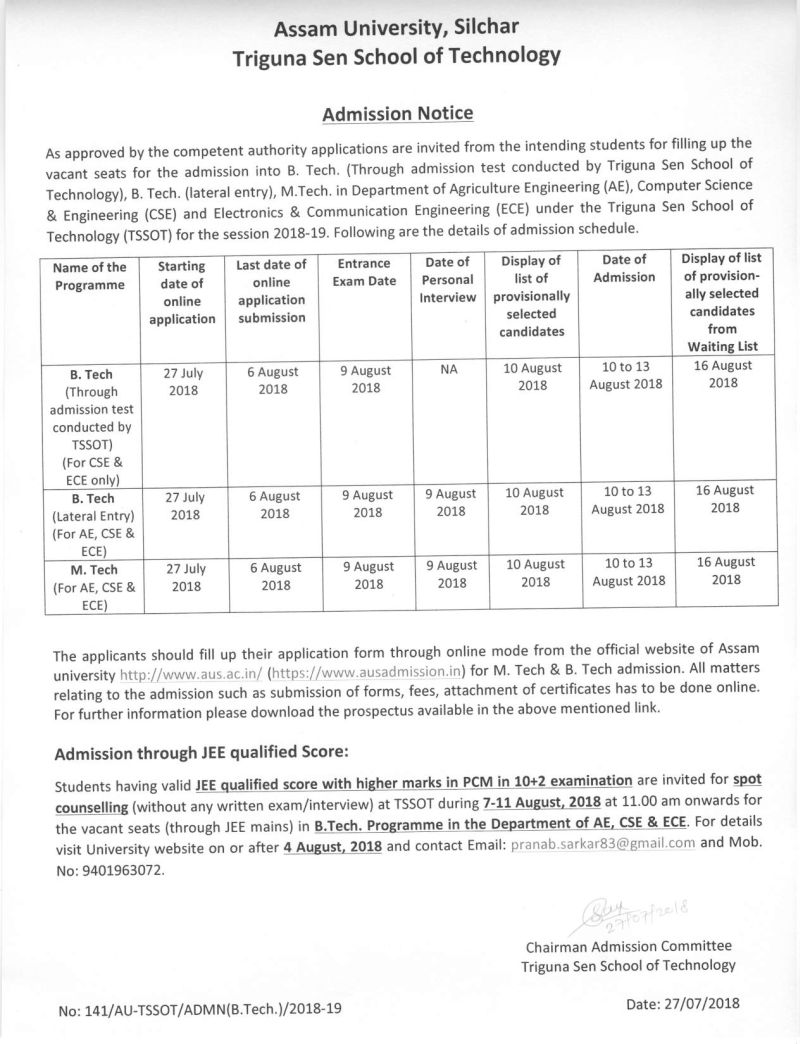 Assam University BTech MTech Admission 20180730